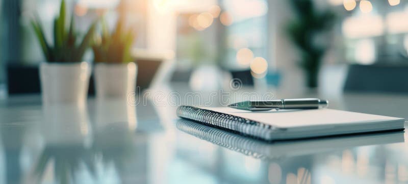 Workspace with Pen and Notebook at Sunset in Modern Office Stock Photo ...