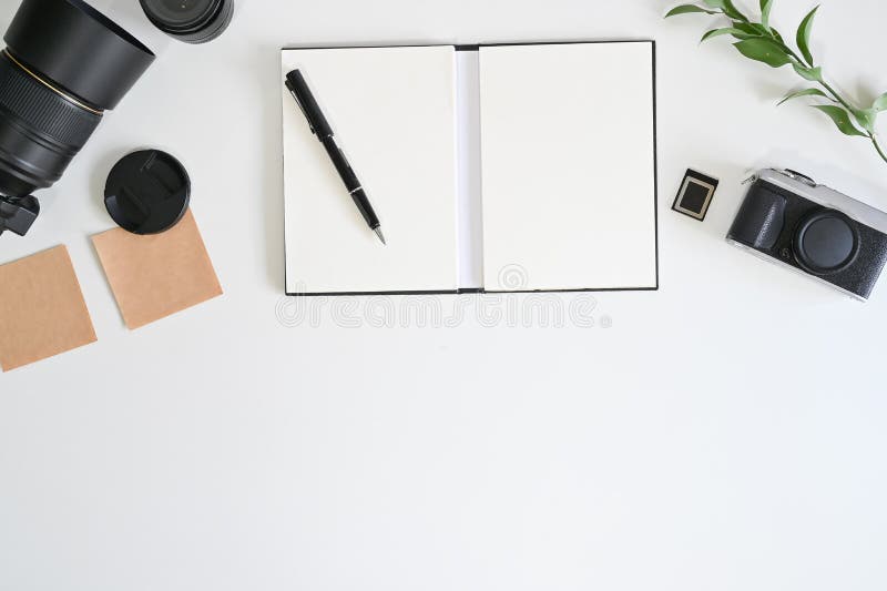 Workspace Photographer with Camera, Lens, Paper Note and Pen, Copy ...