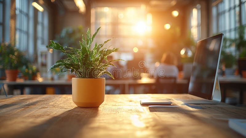 Workspace with Plant, Laptop, and Soft Light. Sunlight Streams in ...