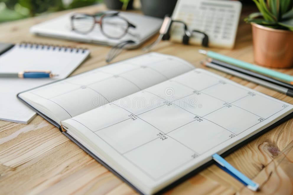 A Workspace Ready for Planning with an Open Calendar, Writing Tools ...