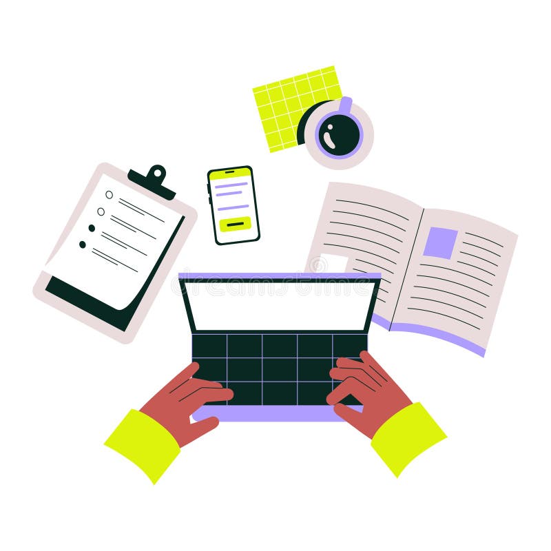 Office Workspace with Hands Typing on a Laptop Surrounded by Documents ...