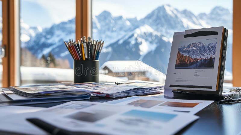 Workspace with Scenic Mountain View. Concept for Design, Creativity, or ...