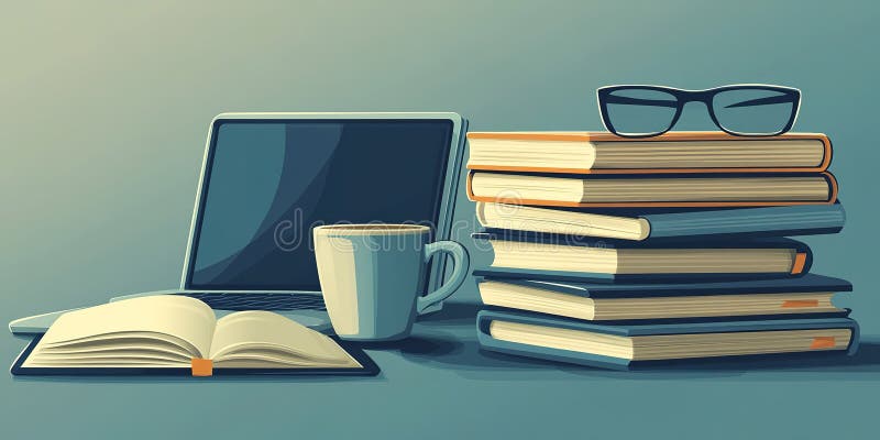 Workspace Setup Featuring Books, a Laptop, and a Cup in a Calm Study ...