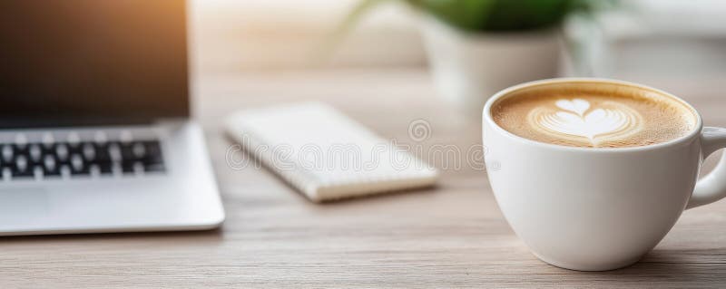 Modern Office Desk with Cappuccino, Laptop and Notepad, Perfect for ...