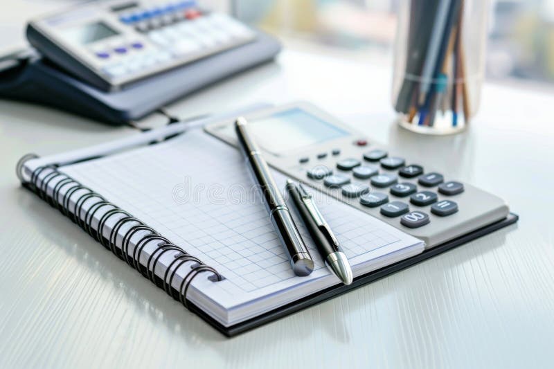 A Workspace Setup Featuring a Notepad, Pens, and Calculators for ...