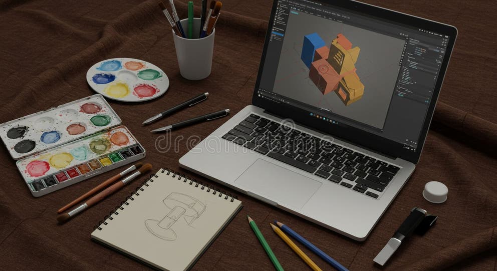 A Workspace Setup Includes a Laptop Displaying 3D Modeling Software ...
