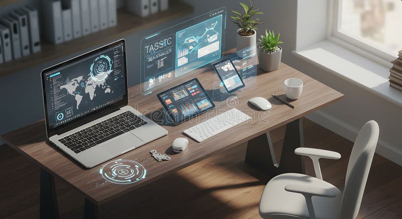 Workspace Setup with Laptop, Tablets and Holographic Display on Desk ...
