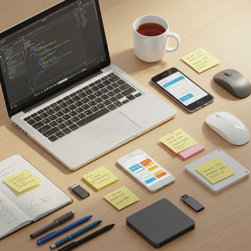 Workspace Setup on a Light Wooden Desk. a Laptop Displays Coding ...