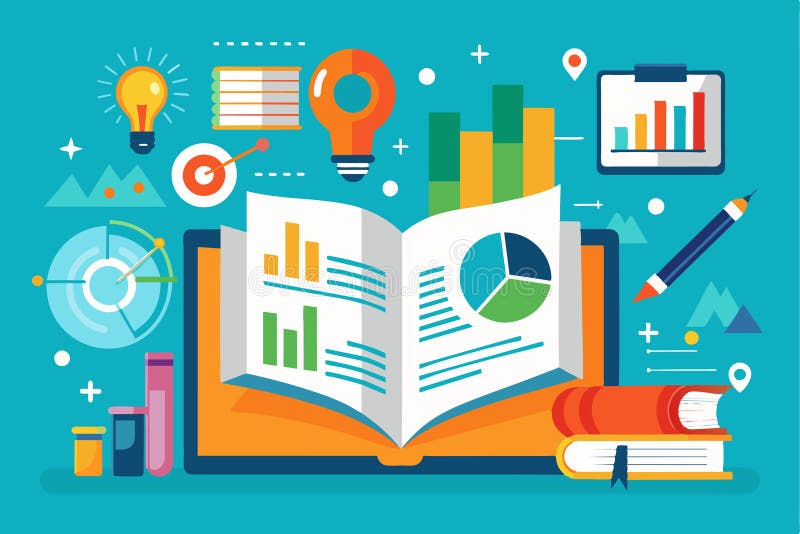 This Workspace Showcases an Open Book Filled with Business Data Charts ...
