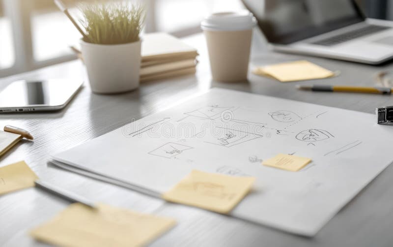 A Workspace Showcases Sketches and Notes on a Table Alongside a Coffee ...