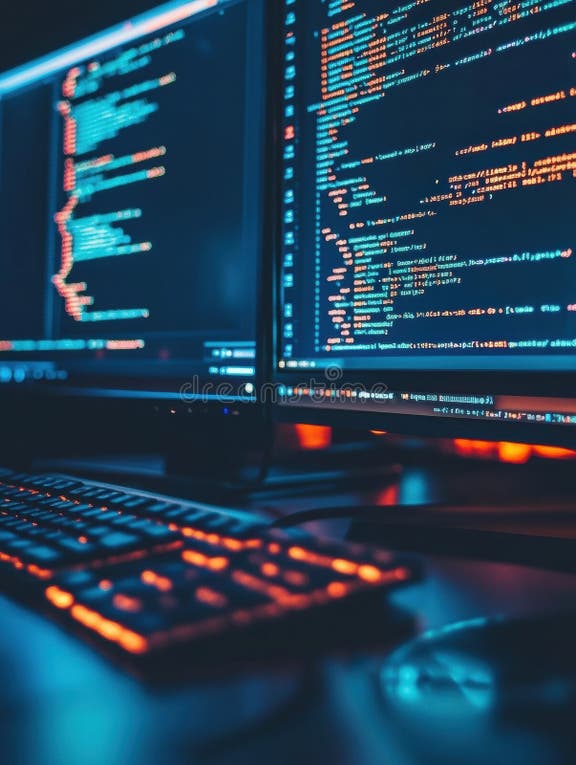 Modern Programmer Home Office Setup Featuring Multiple Screens and Neon ...