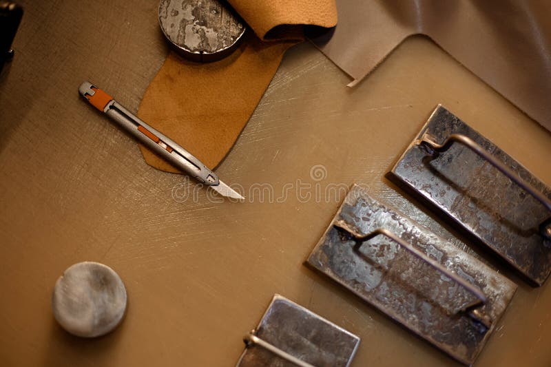 Workspace Showcasing Leathercrafting Tools and Materials Stock Photo ...