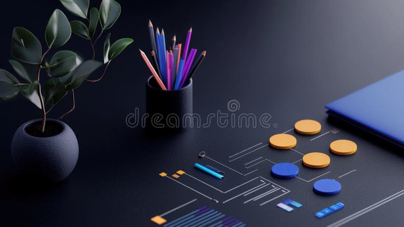 Workspace with Stationery and Data Graphics Stock Illustration ...