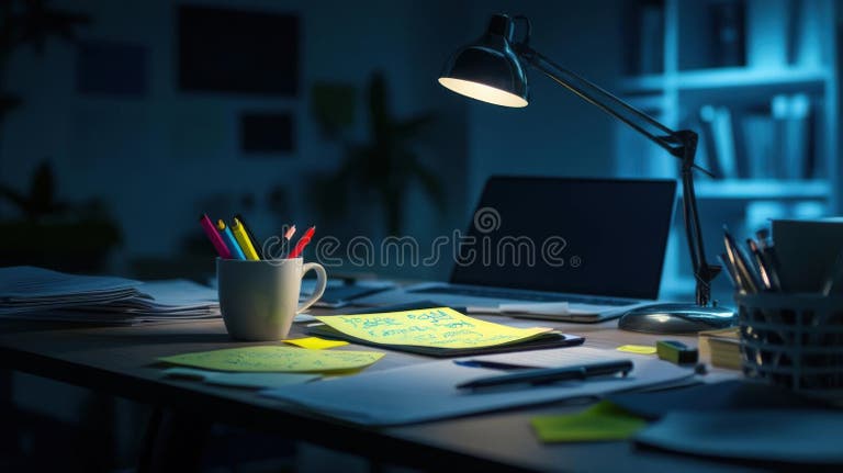 Workspace Still Life with Laptop and Light, Focused on Tasks and Ideas ...