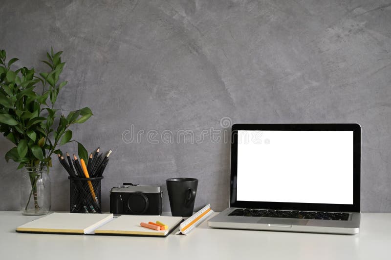 Workspace Table and Laptop, Camera, Coffee on Creative Desk with Loft ...