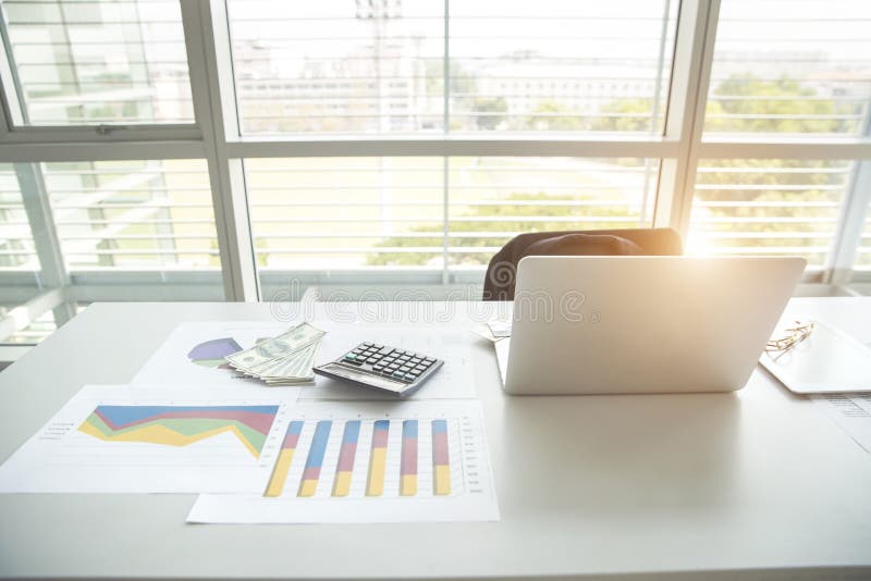 Workspace Table with Laptop Computer, Office Supplies, Cell Phone with ...