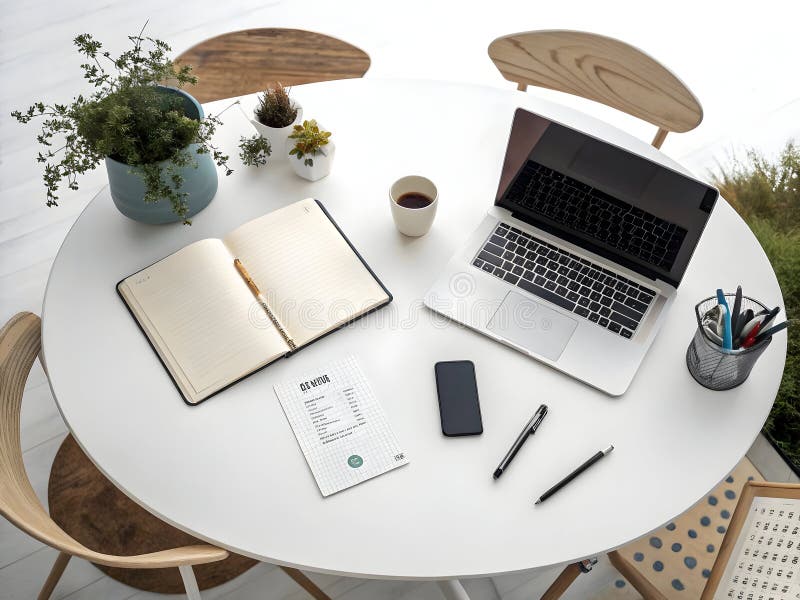 Workspace Table with Laptop, Notebook, Coffee and Plants Stock Image ...