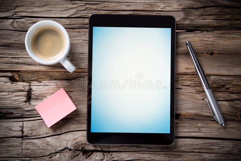 Workspace with Tablet and Coffee Stock Image - Image of type, wood ...