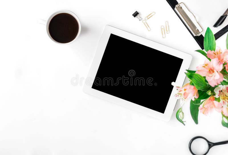 Flat Lay, Top View Office Table Feminine Desk. Workspace with Laptop ...