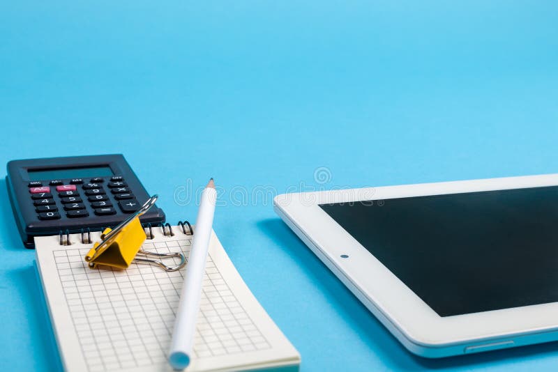 Workspace Top View. Office Desk with Office Supplies, Calculator and ...