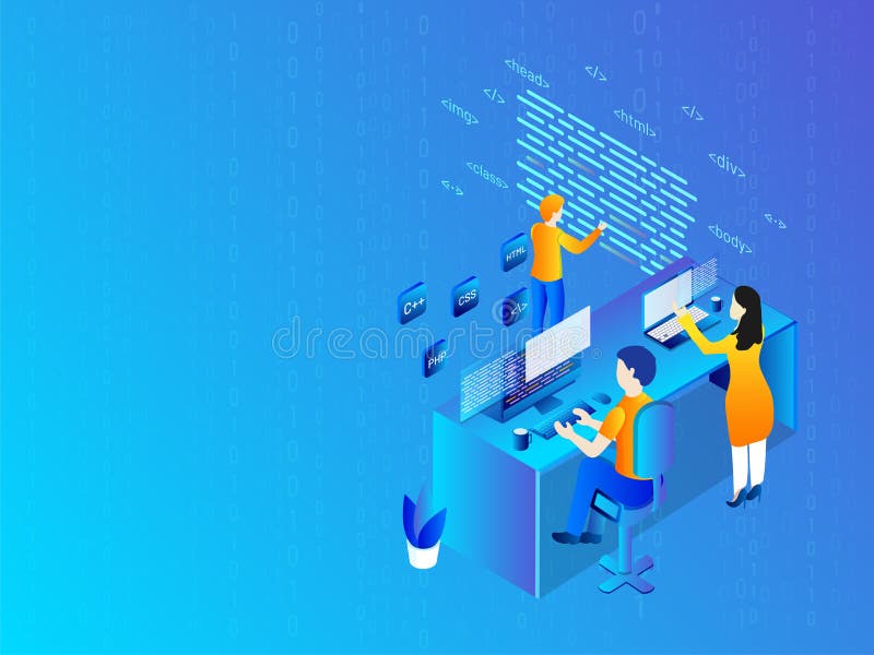 Workspace of Web Developer with Text Code on Abstract Blue Background ...