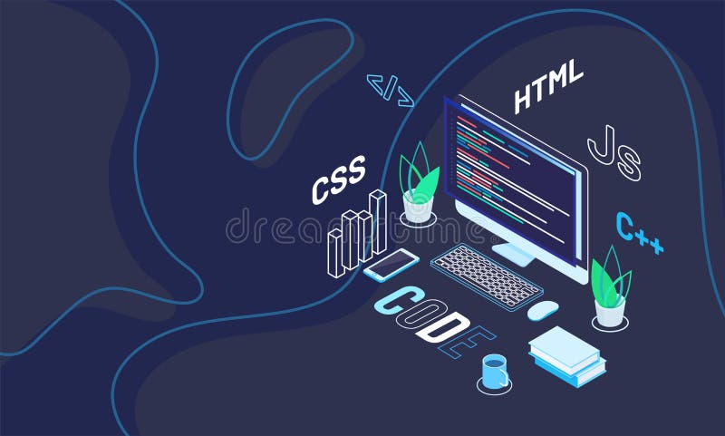 Workspace Of Web Developer With Text Code On Abstract Blue Background Isometric Design For 9563