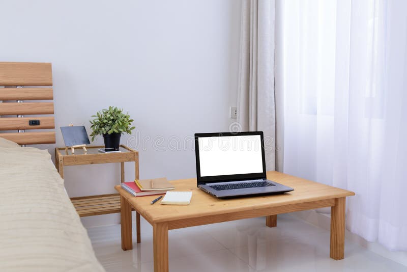 Workspace in White Bedroom with Notebook,memo Pad and Mobile Phone at ...
