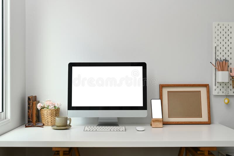 Workspace with White Screen Desktop Computer, Smart Phone. Stock Photo ...