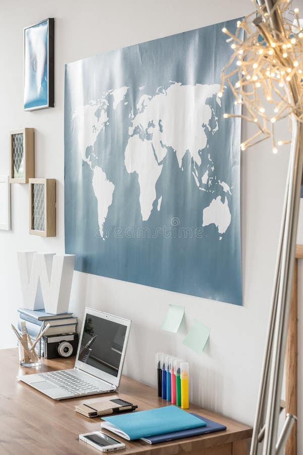 Workspace with world map stock image. Image of stationery - 56373197