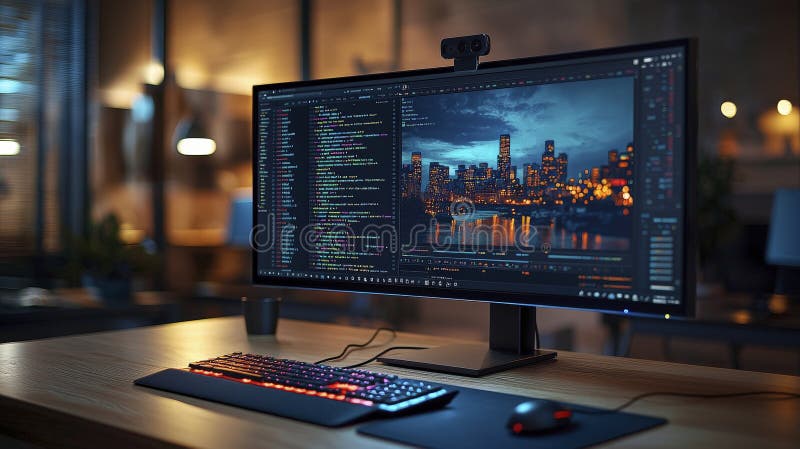 Workstation with Code and City View at Night Stock Illustration ...