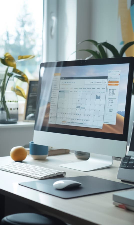 Workstation with Computer, Calendar Application, and Plants on Desk ...