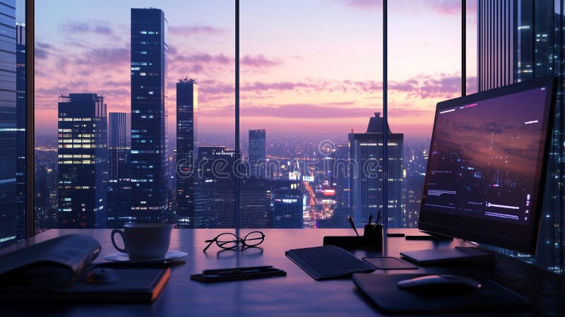 Workstation with Computer Overlooking City Skyline at Dusk Stock Image ...