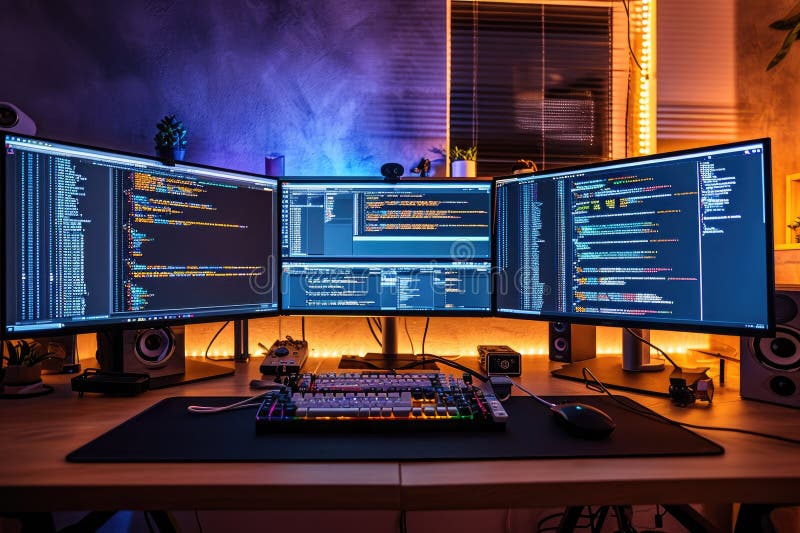 A Workstation with a Desk Featuring Two Computer Monitors and a ...