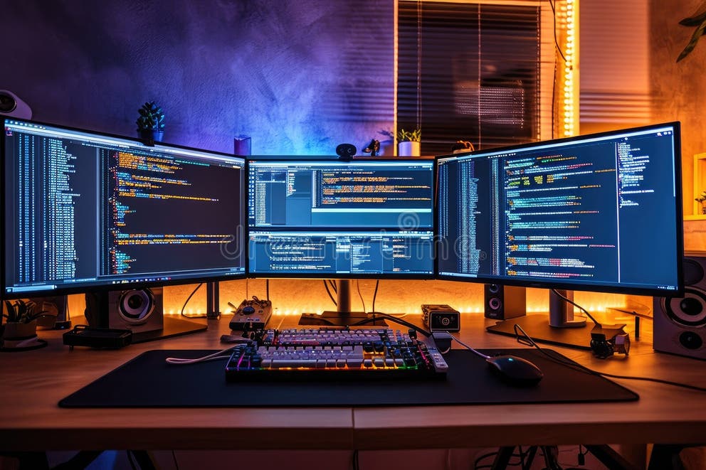 A Workstation with a Desk Featuring Two Computer Monitors and a ...