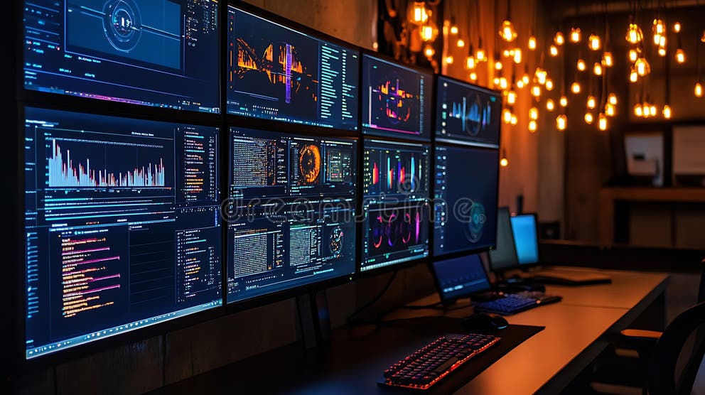 A Workstation Displaying Multiple Screens of Complex Data Visualizations, Code, and System ...
