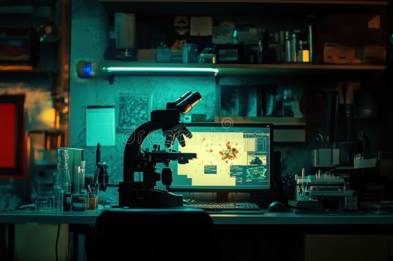 A Workstation Features a Microscope and a Computer Showing Scientific ...