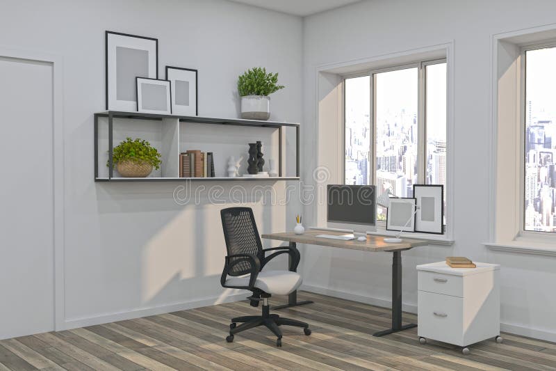 Side View Workstation with Five Frame Screen Mockup Stock Photo - Image ...