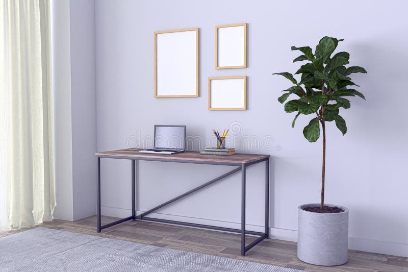 Side View Workstation with Three Frame & Screen Mockup Stock Photo ...