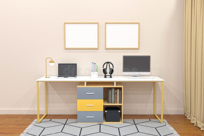 Side View Workstation with Two Frame & Two Screen Mockup Stock ...