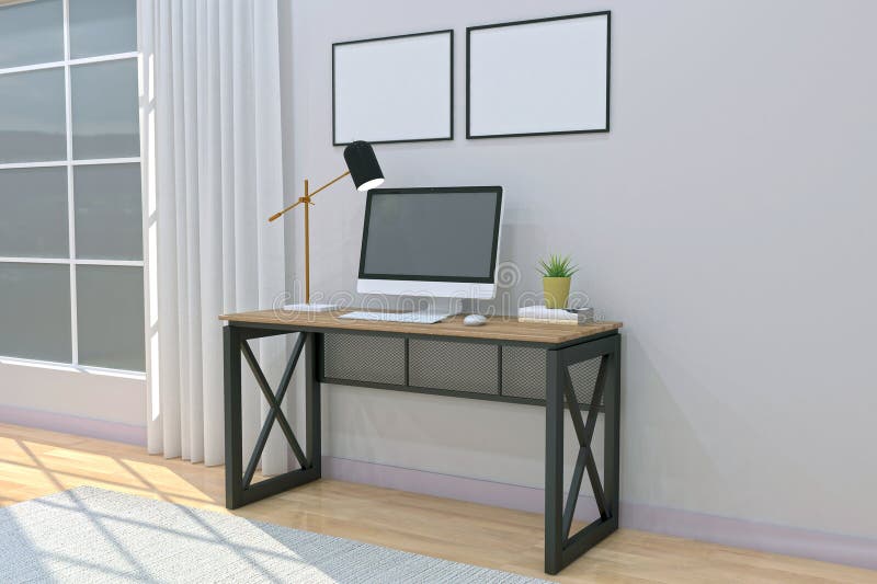 Side View Workstation with Two Frame & Screen Mockup Stock Illustration ...