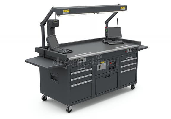 Dark Gray Industrial Workstation with Overhead Lighting on White ...