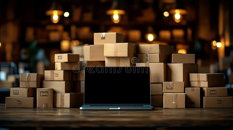 Workstation with Laptop Surrounded by Stacked Cardboard Boxes in a ...