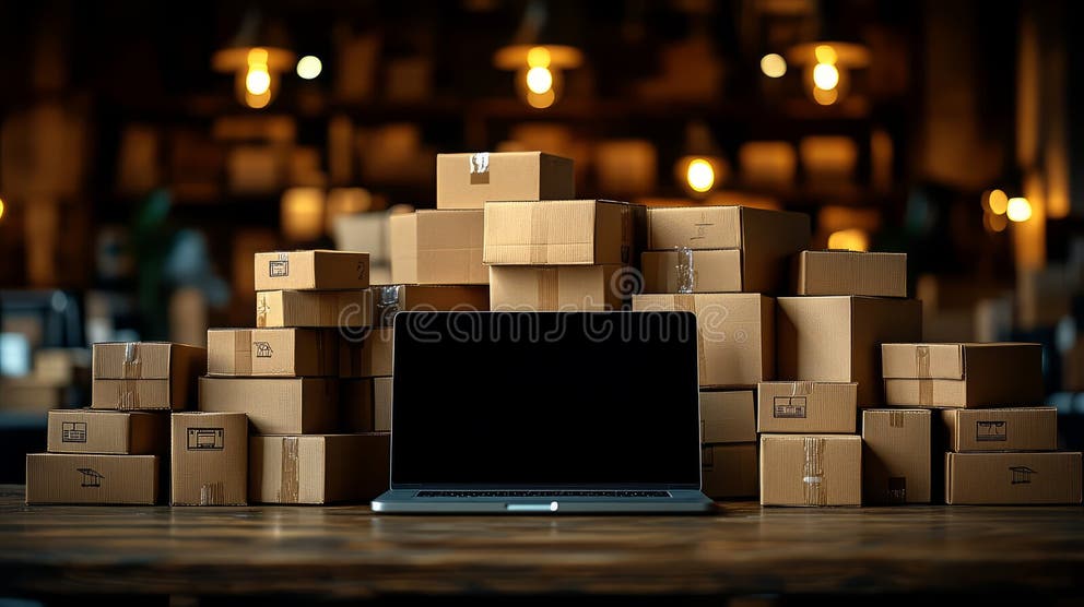 Workstation with Laptop Surrounded by Stacked Cardboard Boxes in a ...