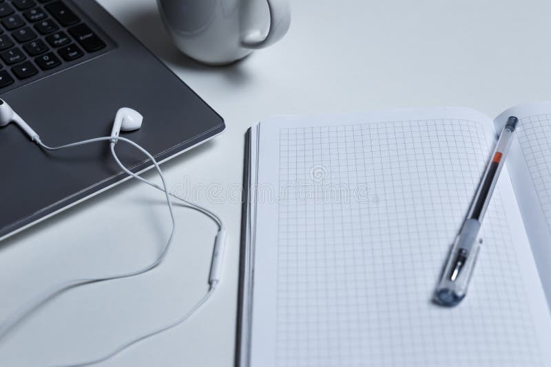 Workstation with Laptop Top View on White Background. Stock Photo ...