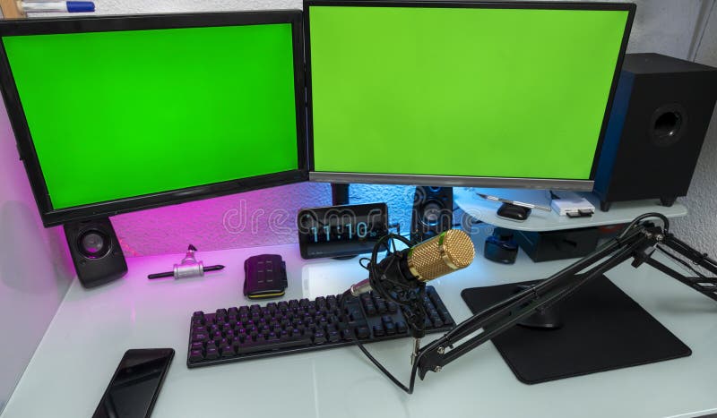 Workstation with Microphone and Monitors with Green Screen for Montage ...