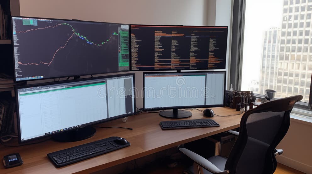 A Workstation with Multiple Monitors Displaying Charts and Data Near Window Stock Illustration ...