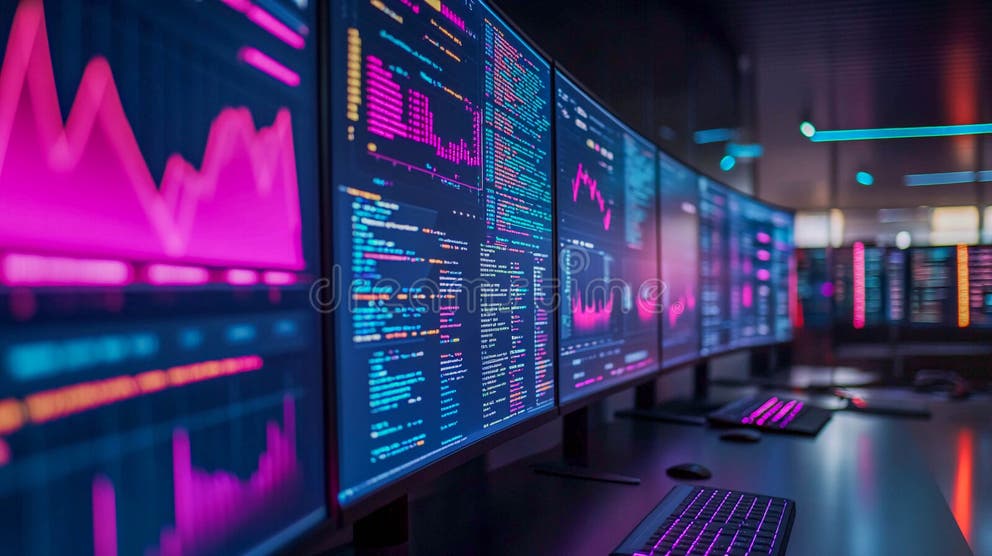 A Workstation with Multiple Monitors Displaying Graphics and Program ...