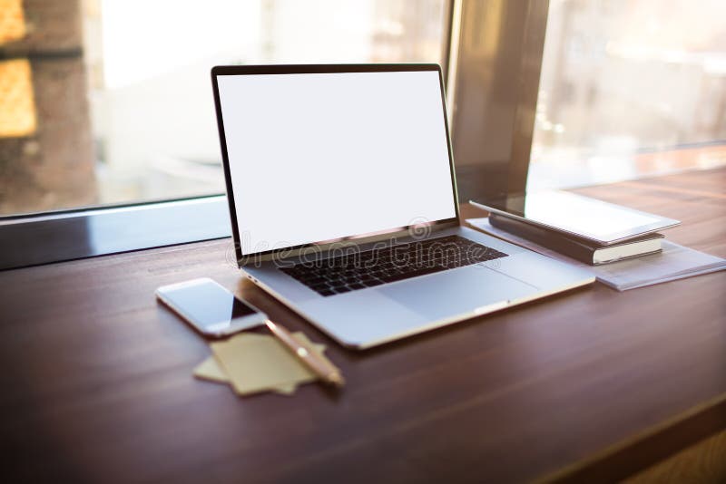 Workstation with Open Pc Laptop Computer with Blank Display Background ...