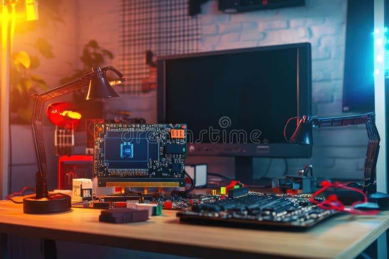 Workstation Setup Featuring a Circuit Board and Computer Components in ...