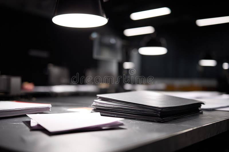 Workstation with Stacked Documents and Overhead Lighting in a Modern ...
